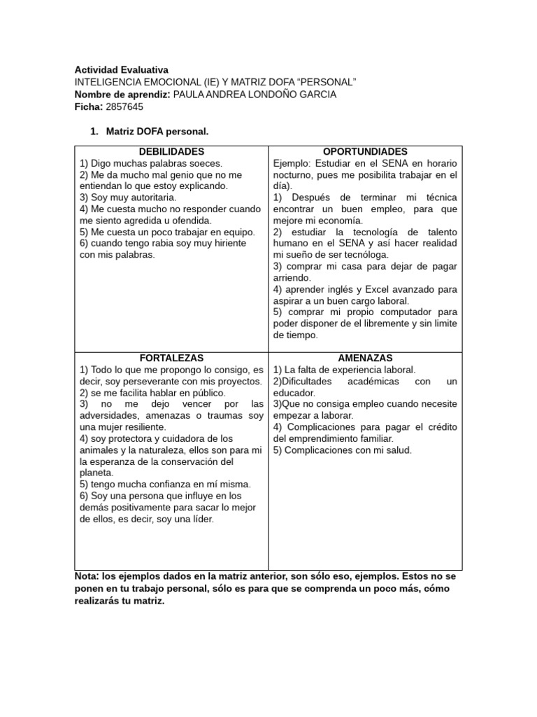 actividad matriz DOFA personal (etica) | PDF | Sicología