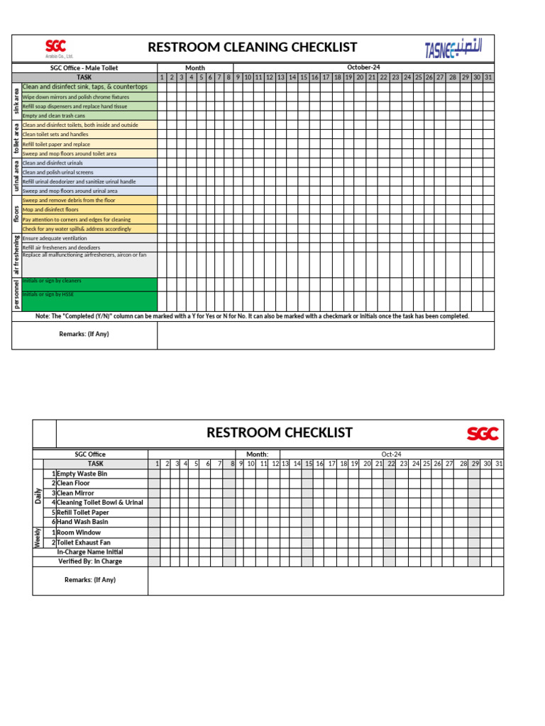 Restroom Cleaning Checklist Template | PDF | Toilet | Public Toilet