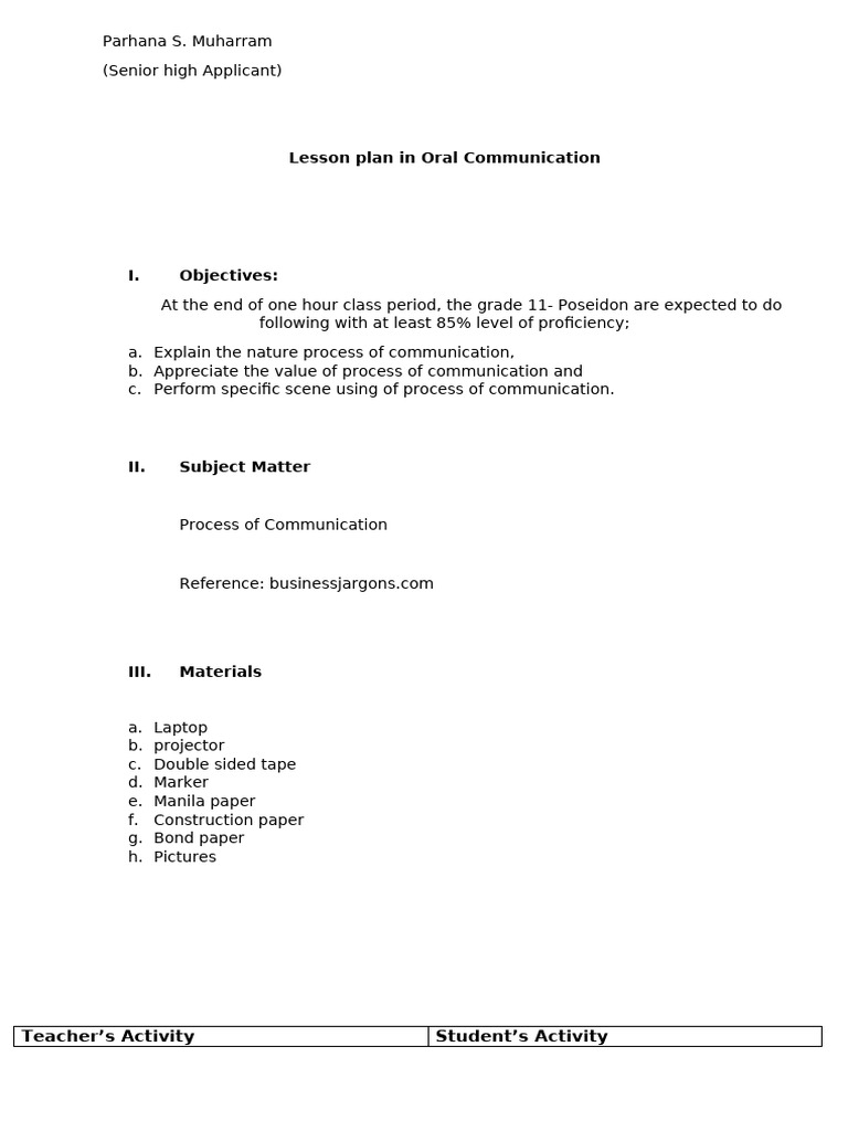 Oral Communication Lesson Plan for Grade 11 | PDF | Communication ...