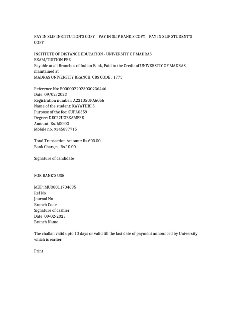 Madras University Fee Payment Challan | PDF