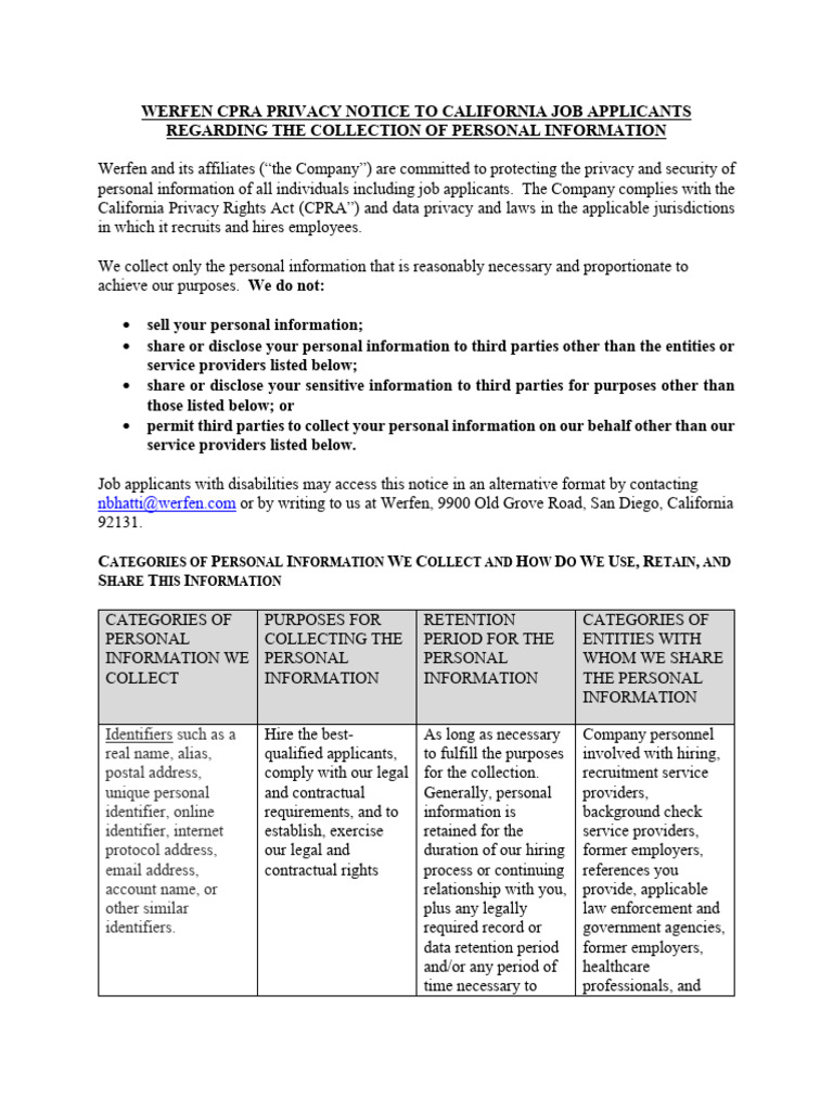 Werfen CPRA Job Applicant Privacy Notice | PDF | Background Check ...