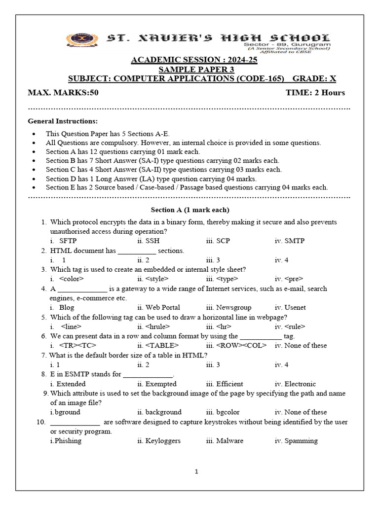 Computer App. Grade 10 Sample Paper 3 | PDF | Networking Standards ...