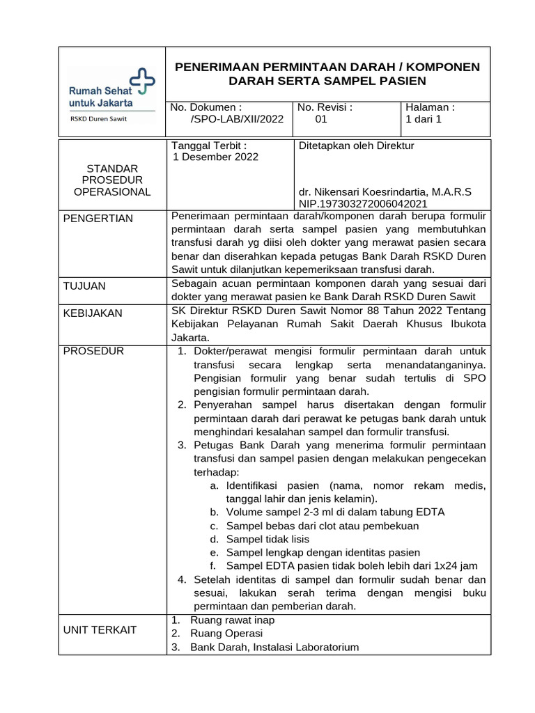 Spo Penerimaan Permintaan Darah Komponen Darah Serta Sampel Pasien | PDF