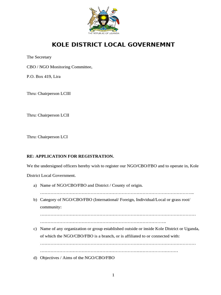 CBO Registration Application in Kole District | PDF