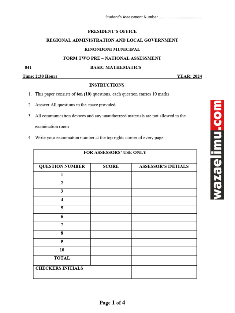 Form Two Basic Mathematics Assessment 2024 | PDF | Triangle | Mathematics
