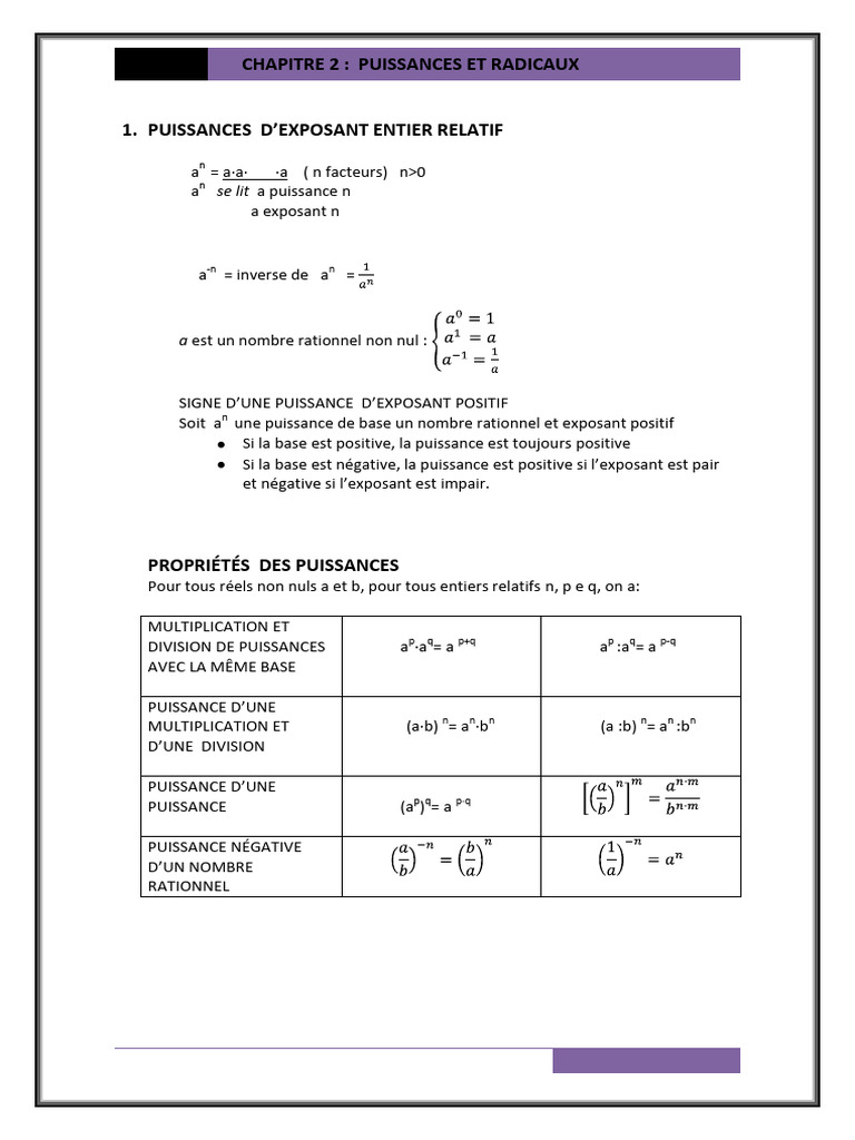 Puissances et Radicaux : Concepts Clés | PDF | Entier relatif | Décimal