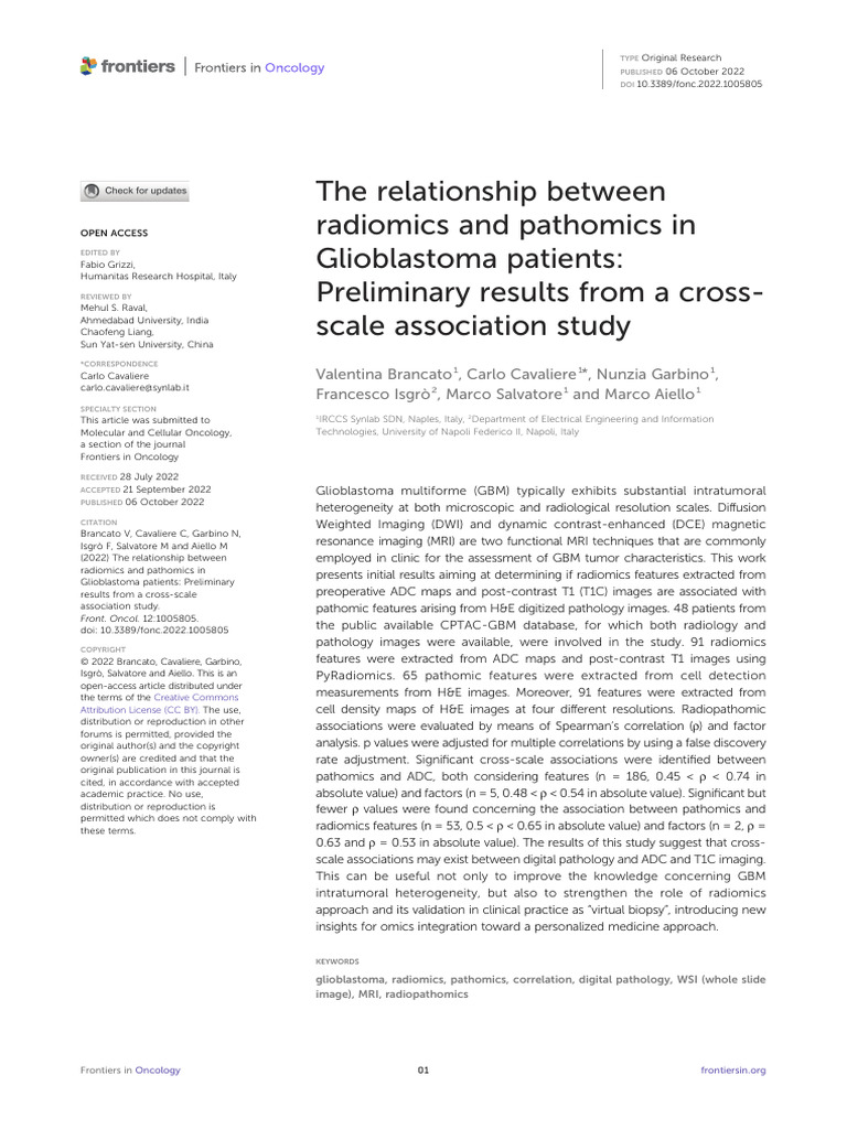 The Relationship Between Radiomics and Pathomics in Glioblastoma Patients Preliminary Results ...