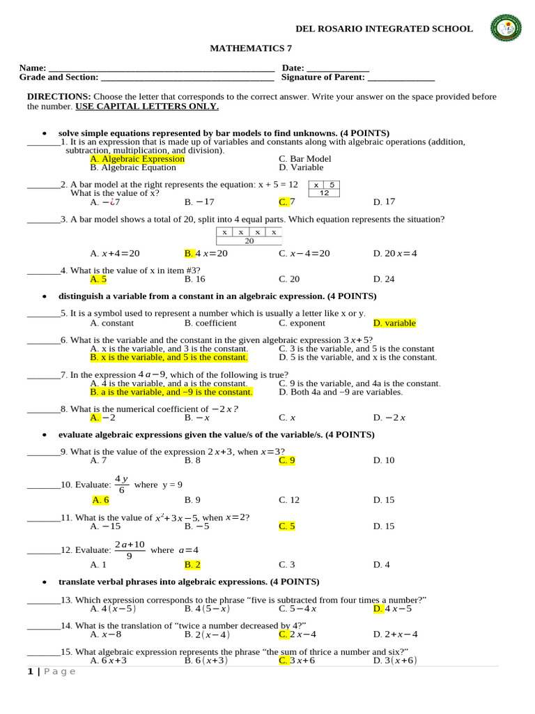 Q4 - Math 7 - Periodical Exam (S.Y.24-25) with answers | PDF | Equations | Numbers
