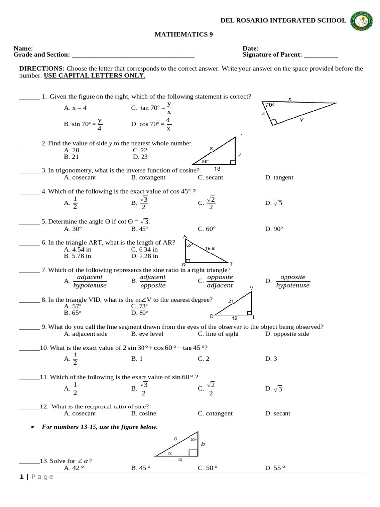 Q4 - Math 9 - Periodical Exam (S.Y.24-25) | PDF | Trigonometric Functions | Trigonometry