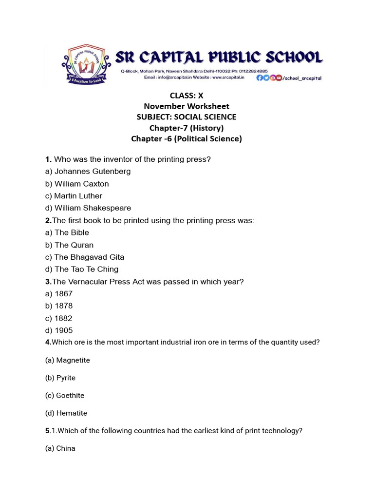 November Worksheet-2 MCQ Class X | PDF | Manuscript | Books