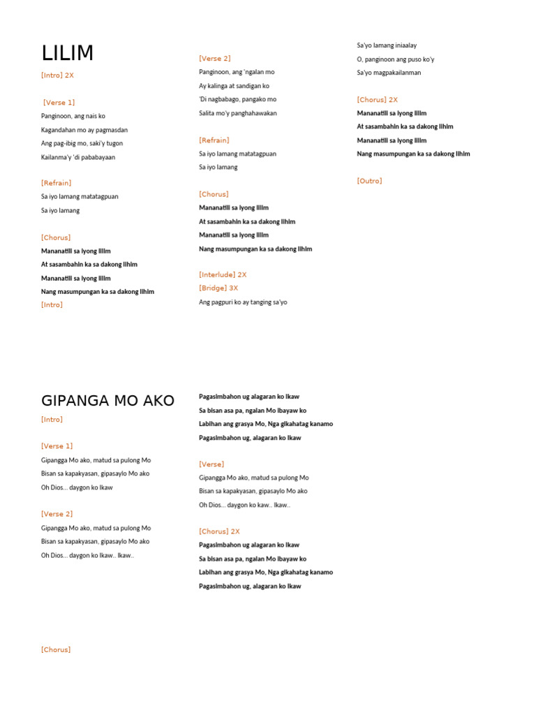 Tagalog - Cebuano Lyrics Church | PDF