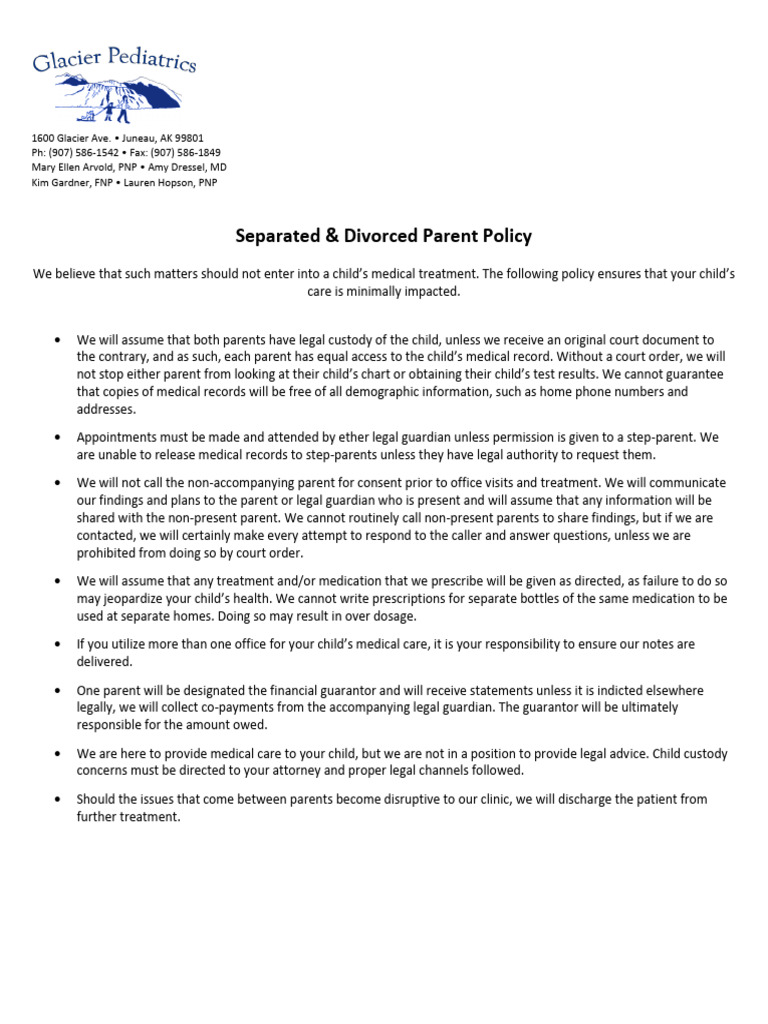 Separated Divorced Parent Policy | PDF | Medical Record | Health Care