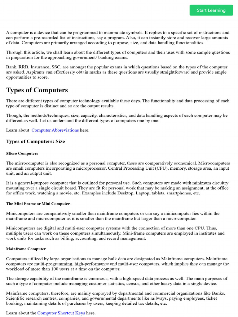 Different Types of Computers - Size, Purpose & Working Principle | PDF