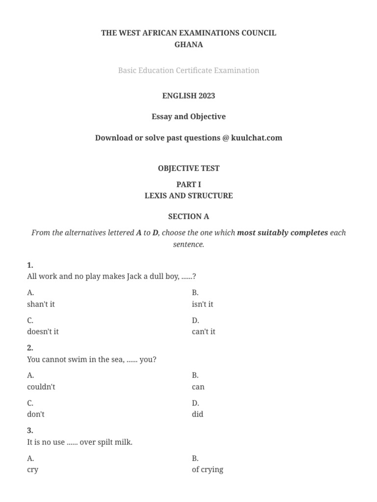 BECE 2023 English Exam Questions | PDF