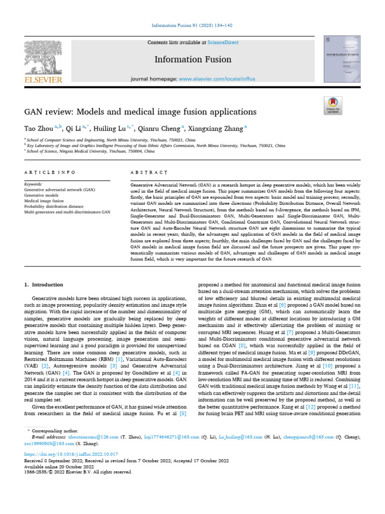 GAN Review - Models and Medical Image Fusion Applications | PDF | Machine Learning | Artificial ...