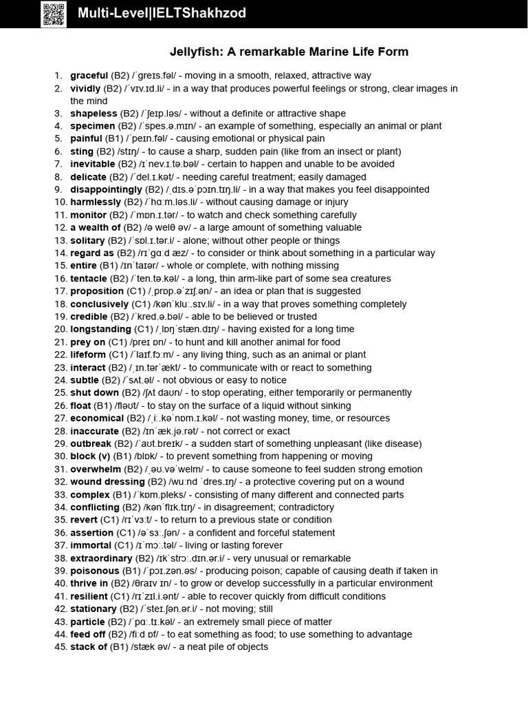 Jellyfish - A Remarkable Marine Life Form (Vocabulary) | PDF