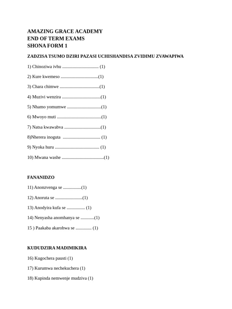 Amazing Form 1 Shona 17 Copies | PDF