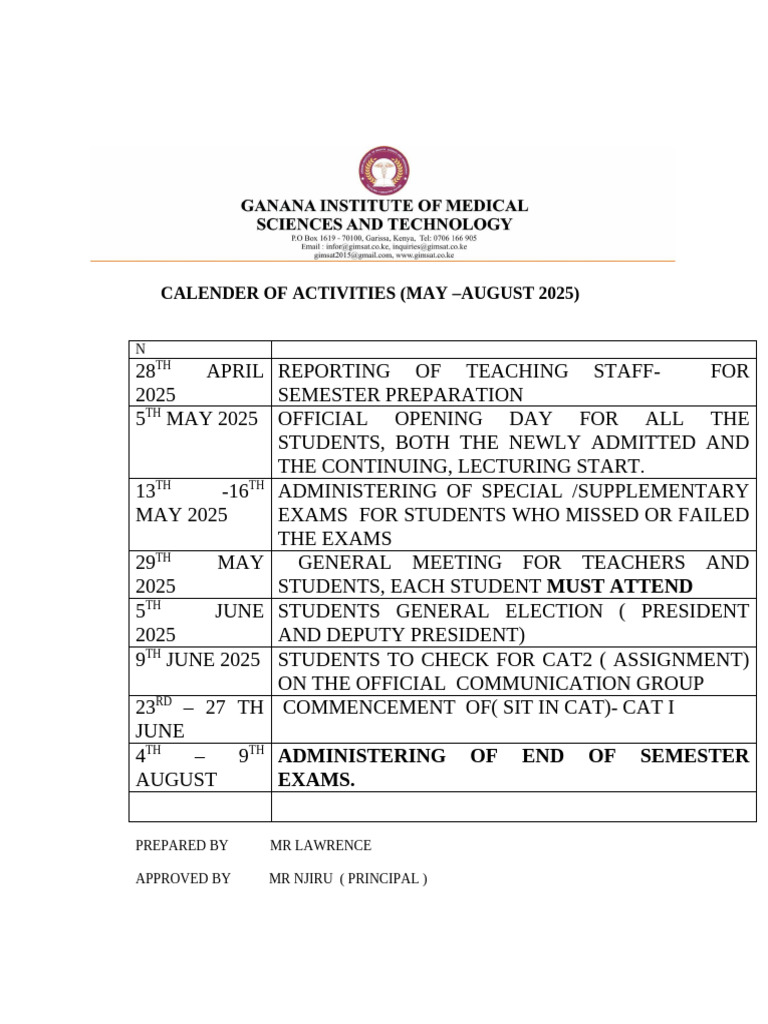 Calender of Activities | PDF
