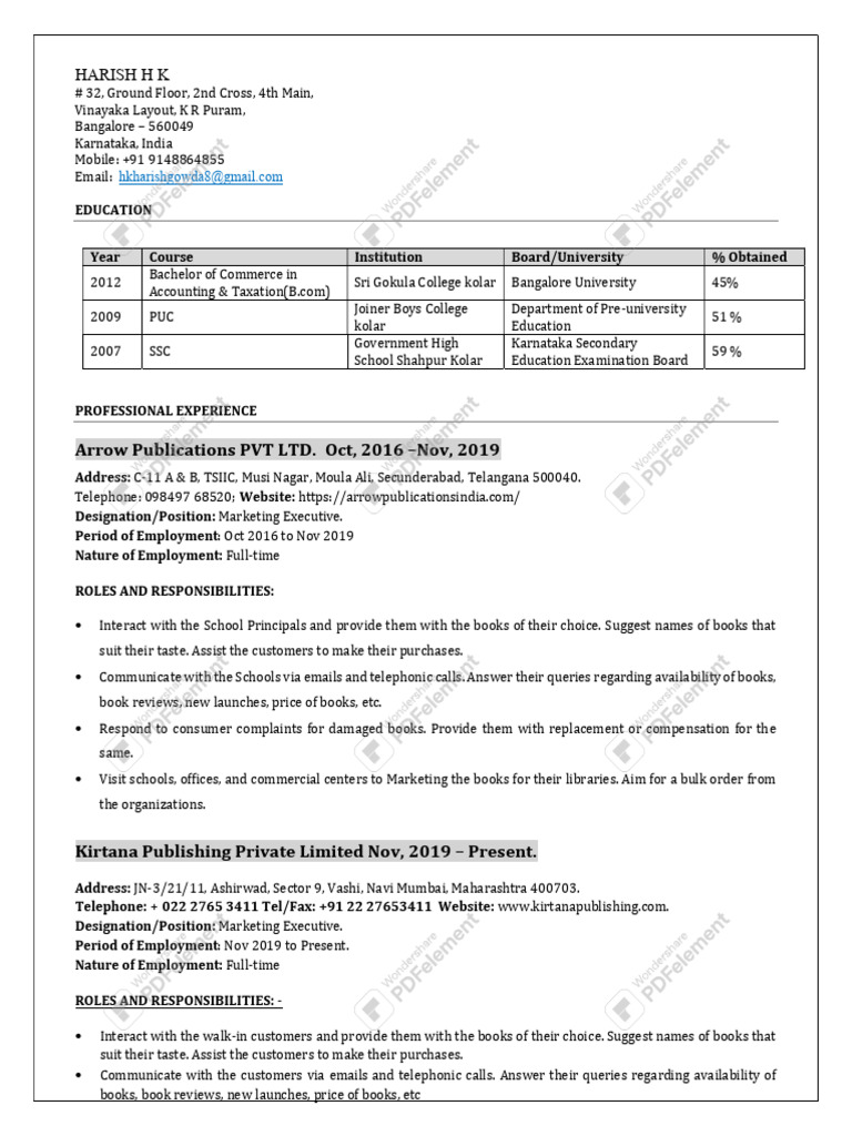 Resume - Harish H K - 9148864855 | PDF