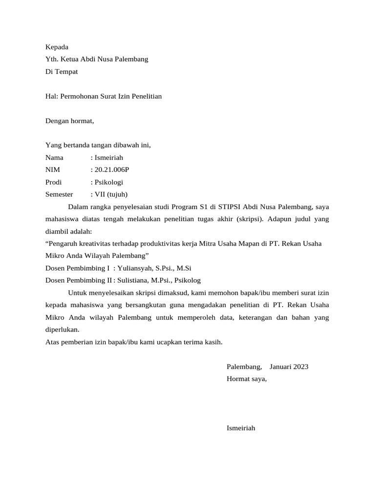 Permohonan Izin Penelitian Skripsi Psikologi | PDF