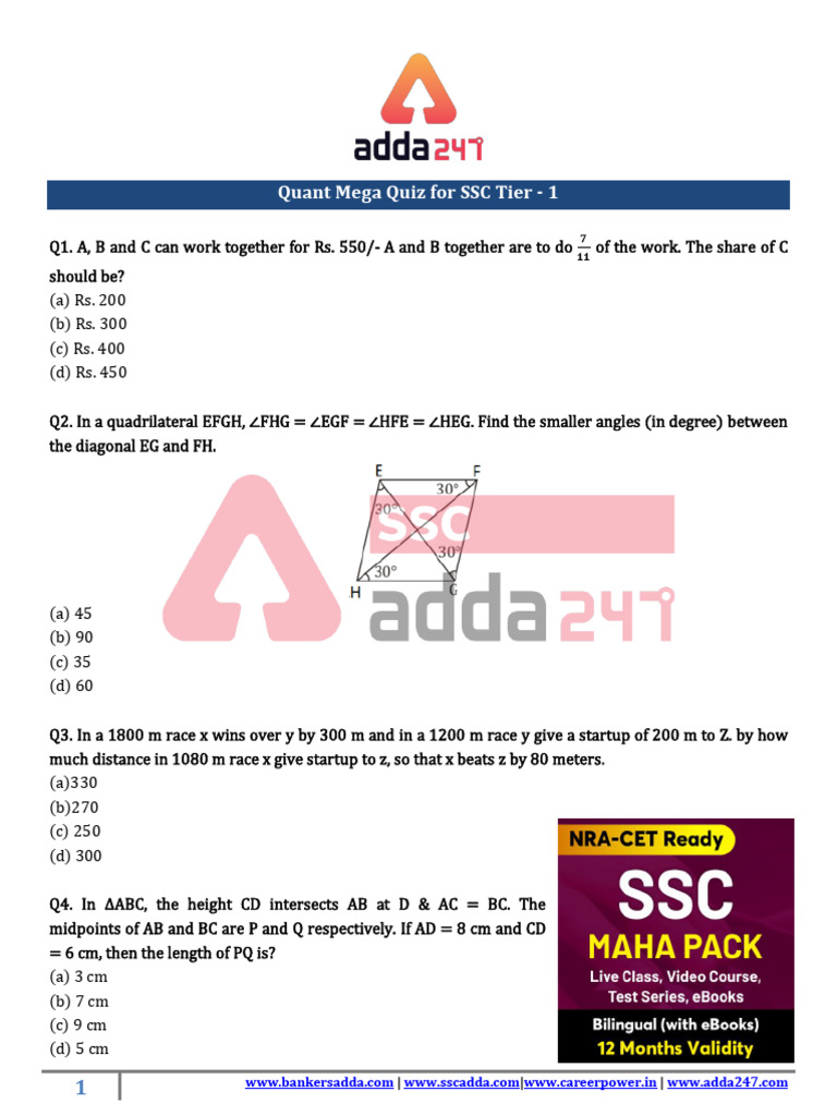 Formatted Quant Mega Quiz For SSC Tier 1 1 | PDF | Area