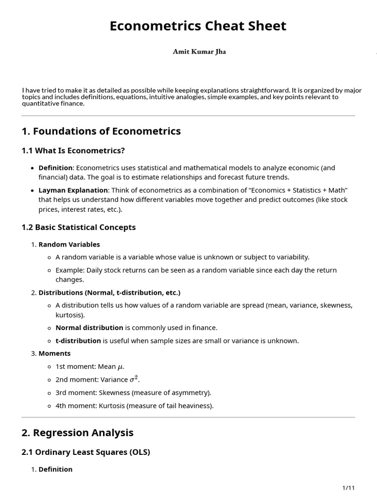 Econometrics Cheat Sheet - ? | PDF | Ordinary Least Squares | Econometrics