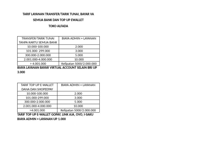 Tarif Layanan Transfer | PDF