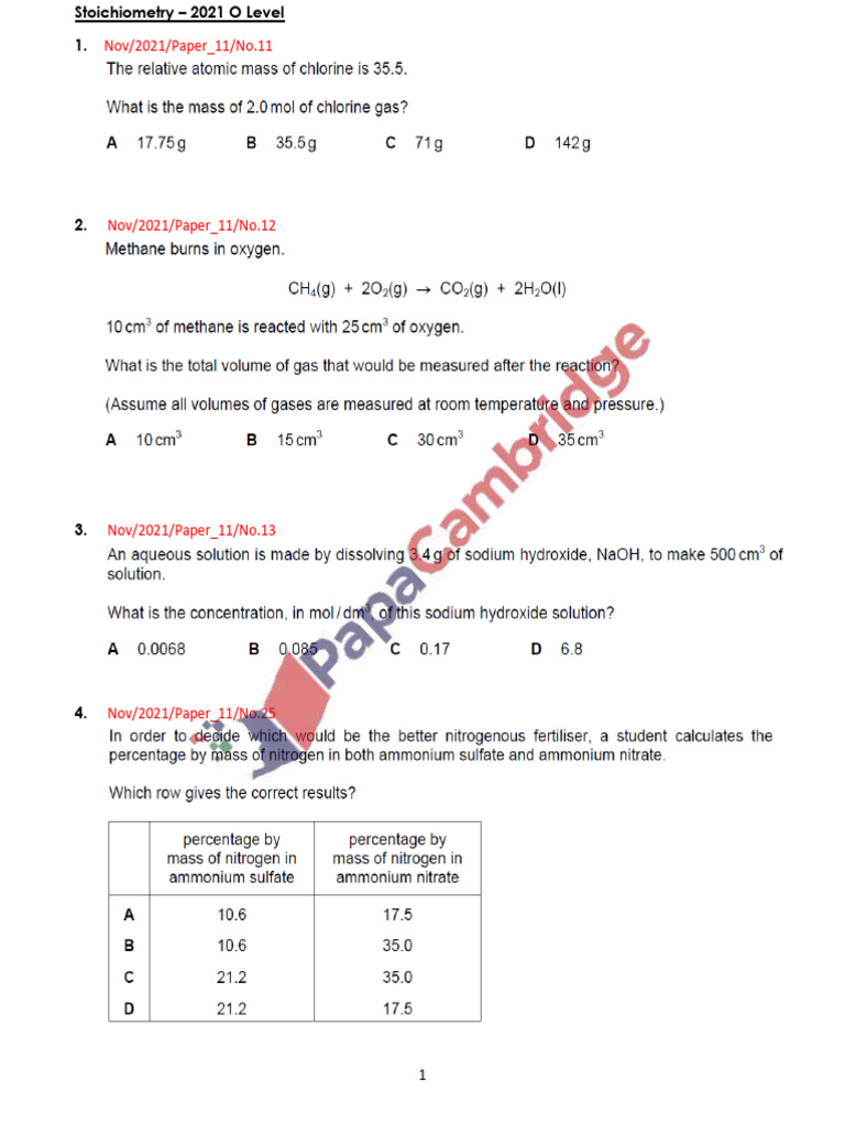 2021 Stoichiometry O Level 5070 | PDF