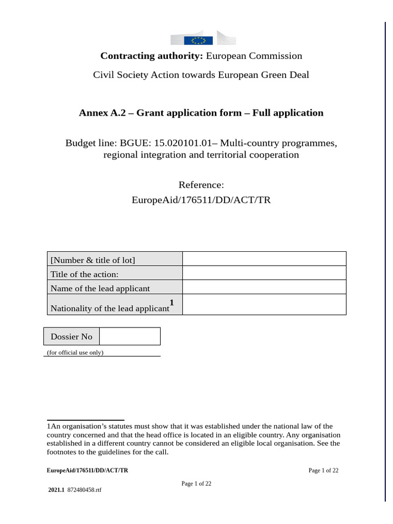 Grant Application Form for EU Green Deal | PDF | Risk | European Union