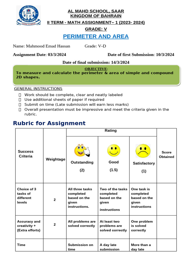 Mahmood Emad Hasan - Grade V - Math Assignment - 3-3-24 | PDF | Area