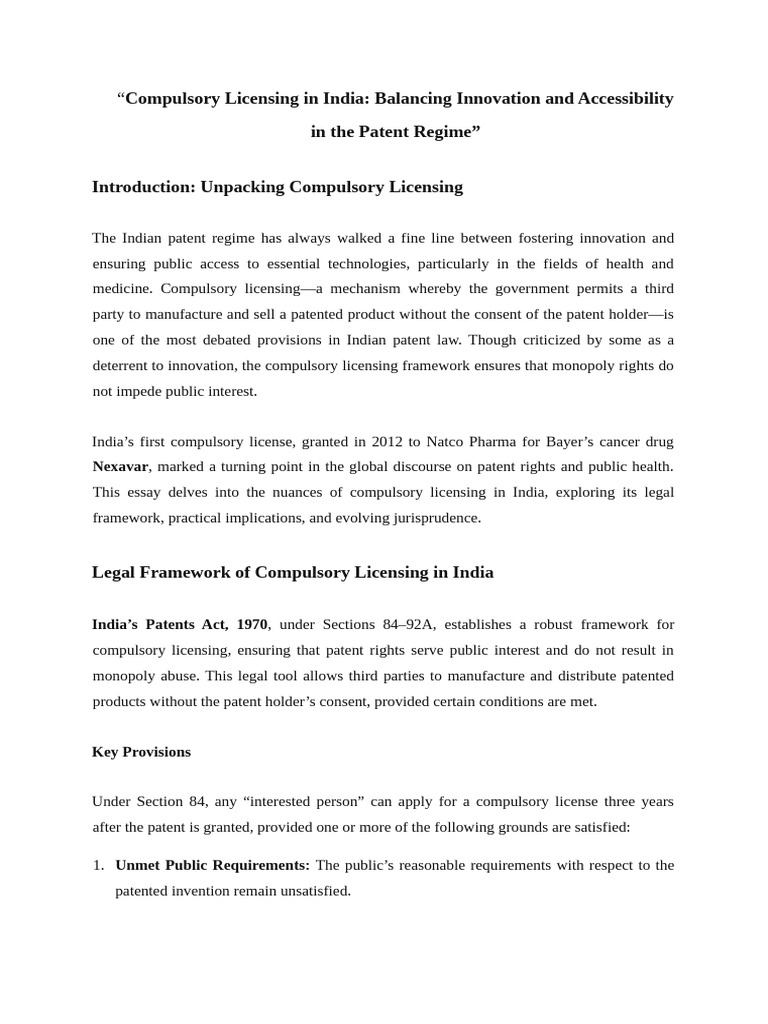 Compulsory Licensing in India | PDF | Patent | Trips Agreement