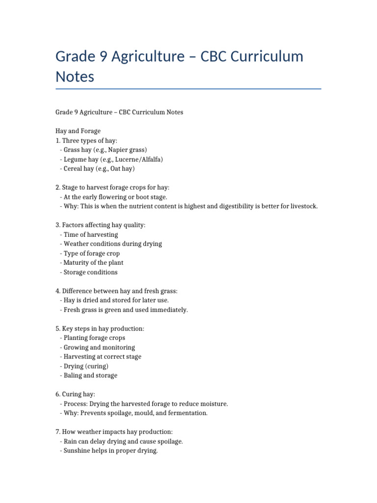 Grade 9 Agriculture Notes Overview | PDF | Hay | Organic Farming
