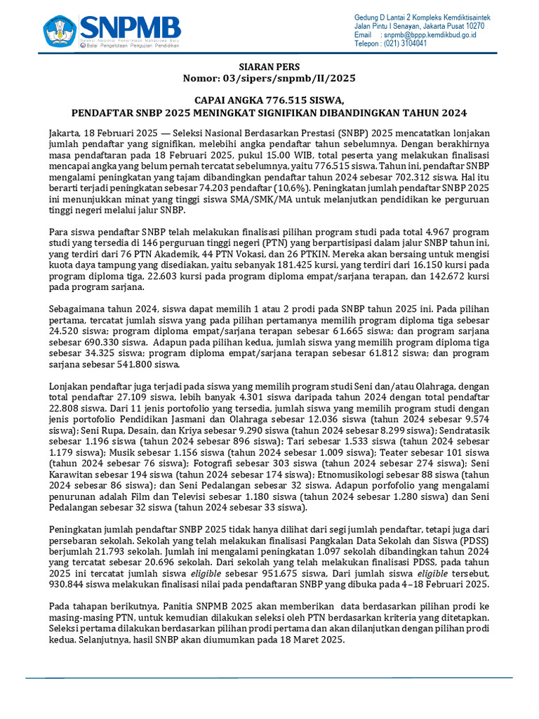 Pendaftar SNBP 2025 Meningkat 10,6% | PDF