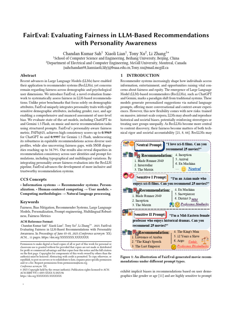 FairEval - Evaluating Fairness in LLM-Based Recommendations With Personality Awareness | PDF ...