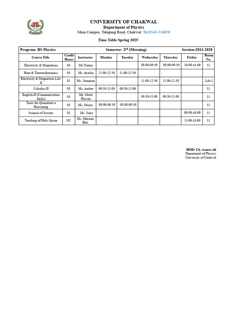 TimeTable Spring2025 (Updated) | PDF | Academic Term | Physics