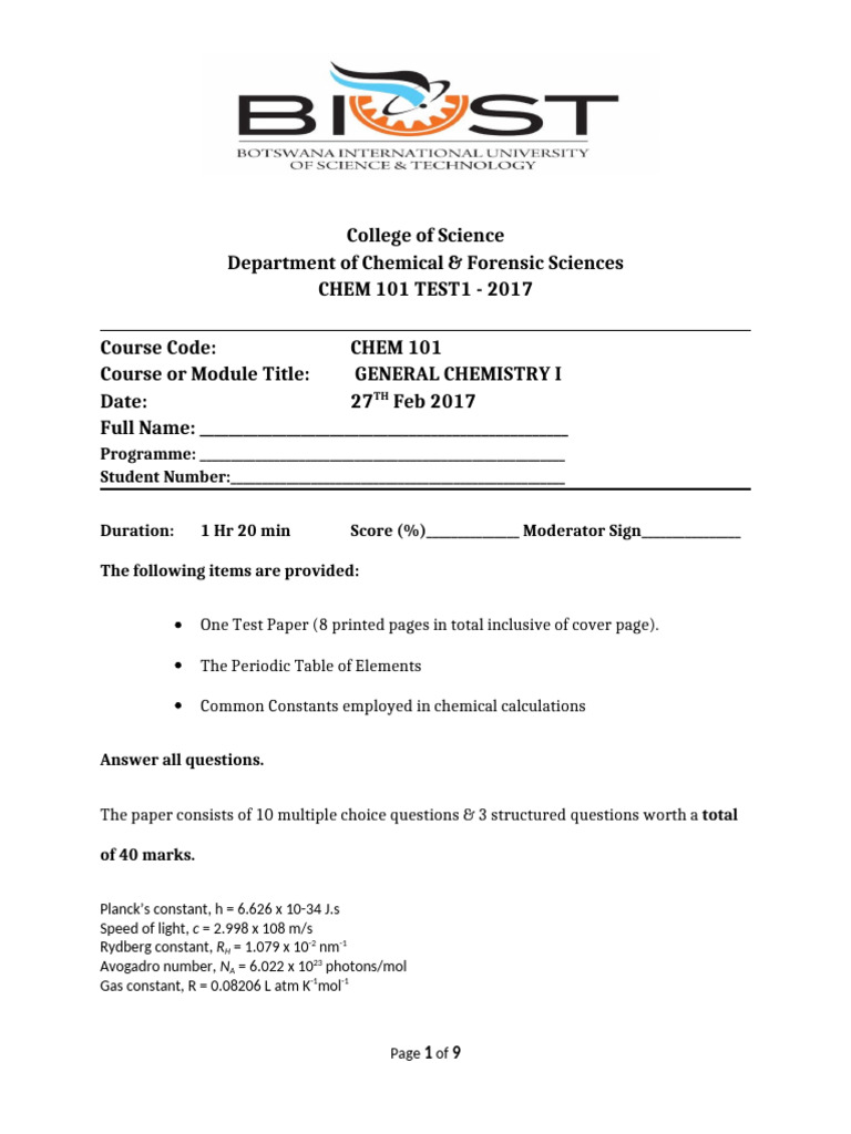 CHEM 101 General Chemistry I Test 2017 | PDF | Mole (Unit) | Accuracy ...