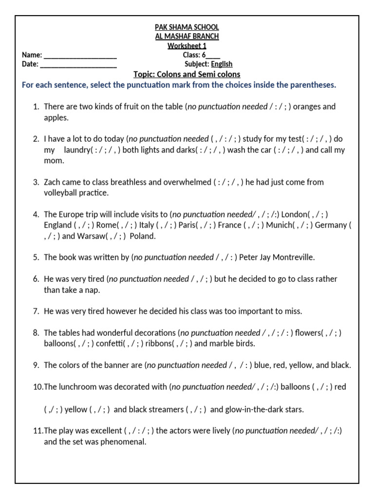 Colon and Semi Colon Ws 1 | PDF | Punctuation