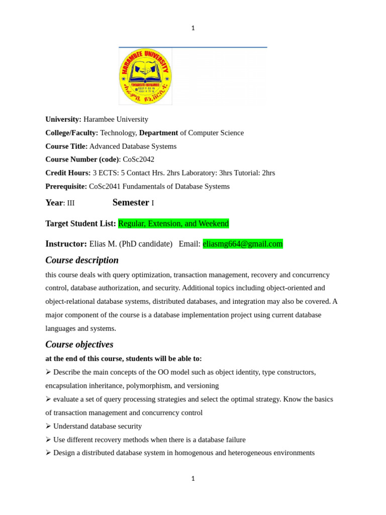 Adavanced Database Course Outlie | PDF | Databases | Database Transaction