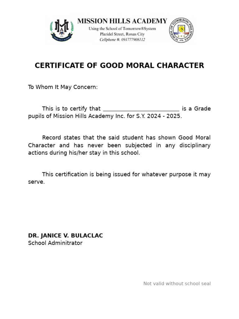 MHA CERTIFICATE OF GOOD MORAL TEMPLATE | PDF
