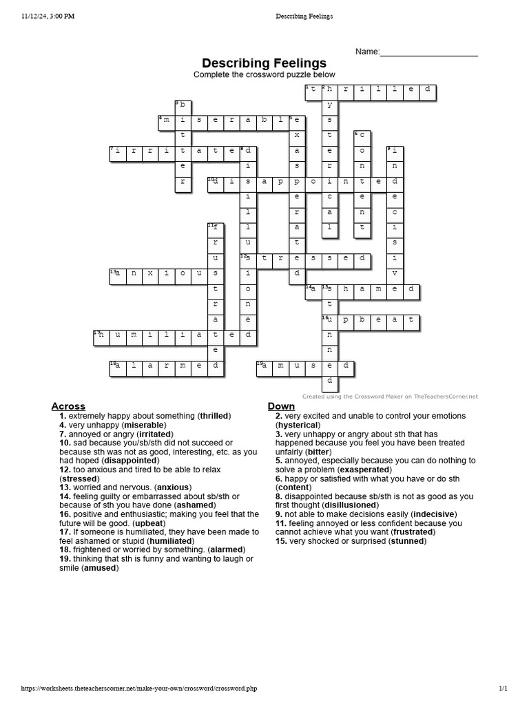 Describing Feelings Answer Key | PDF | Psychological Concepts ...