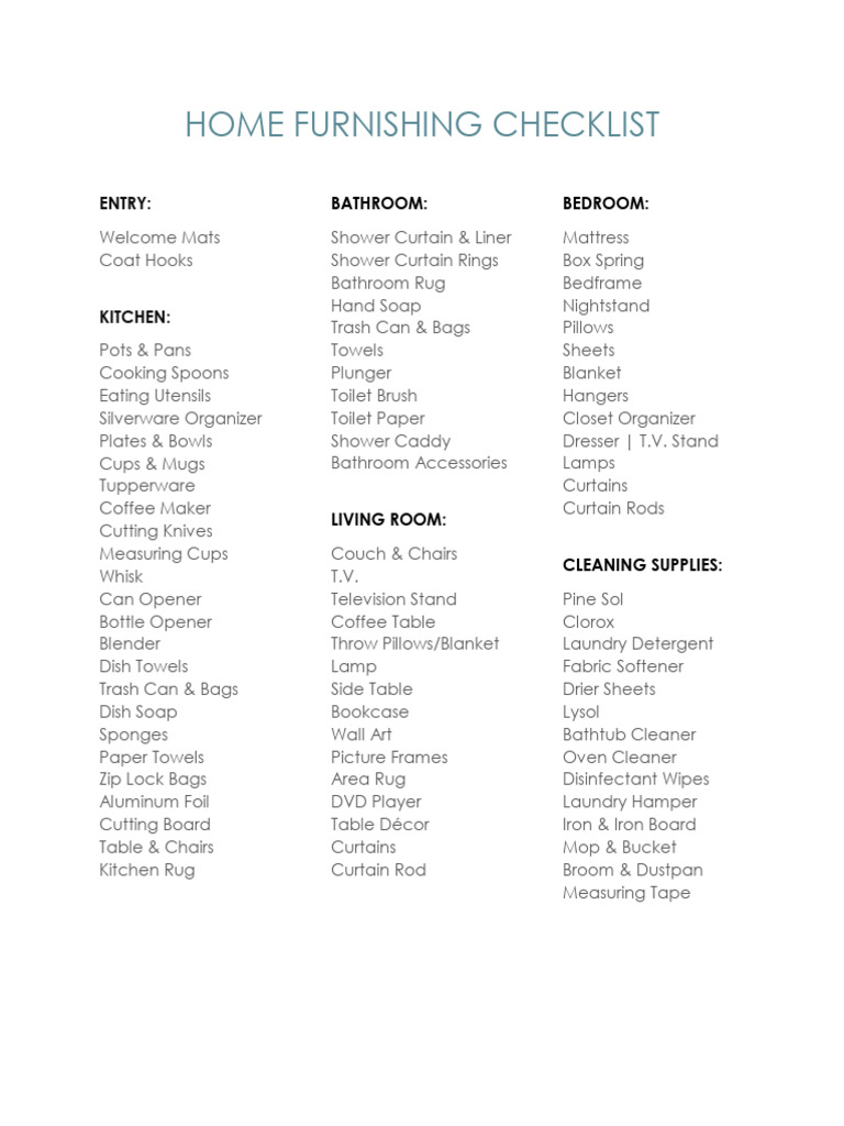 New Home Furnishing Checklist | PDF