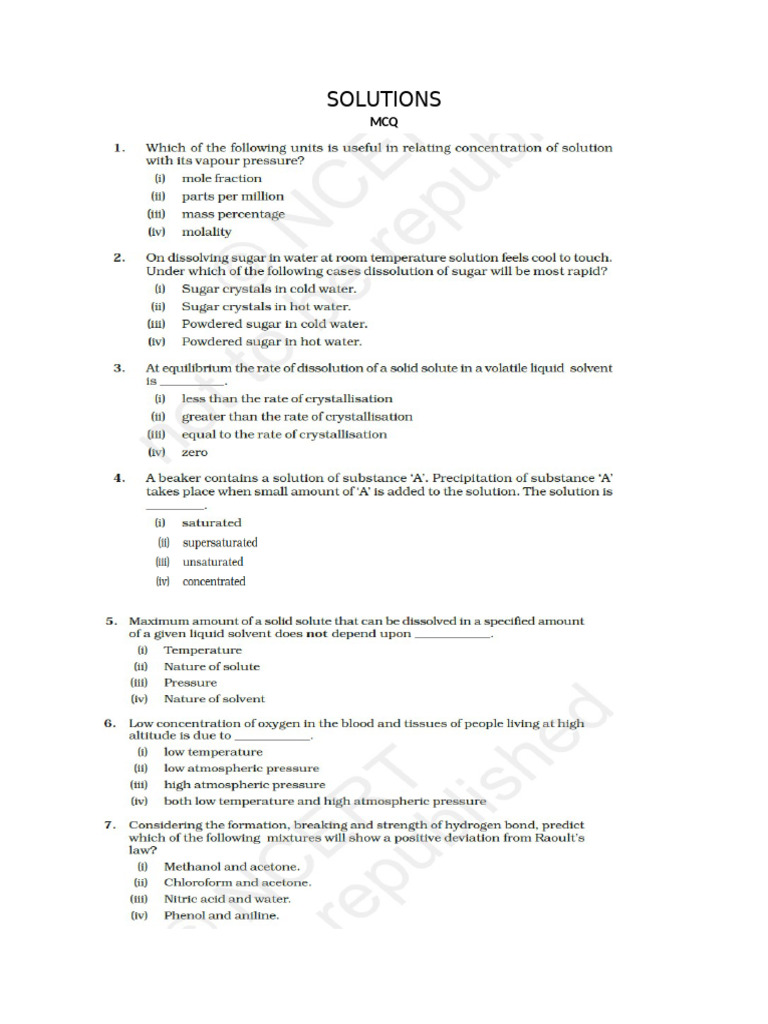 Chapter I Solution MCQ | PDF