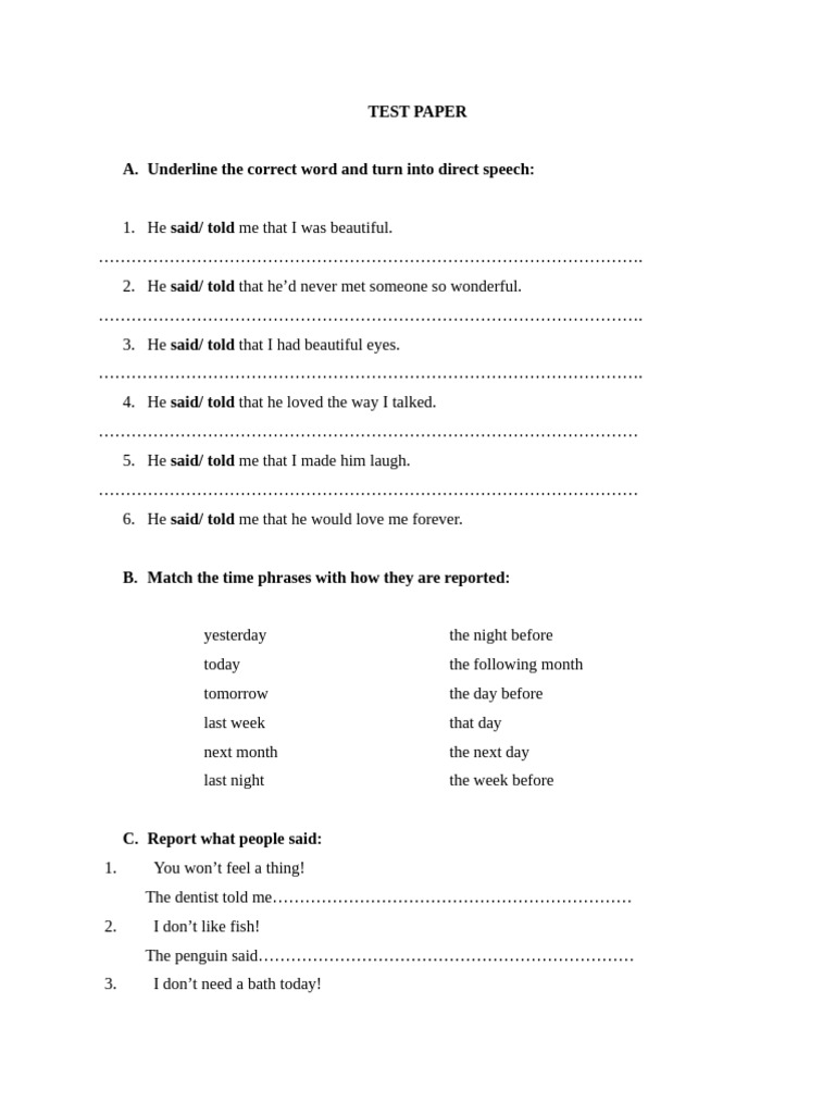 Test Paper Reported Speech | PDF
