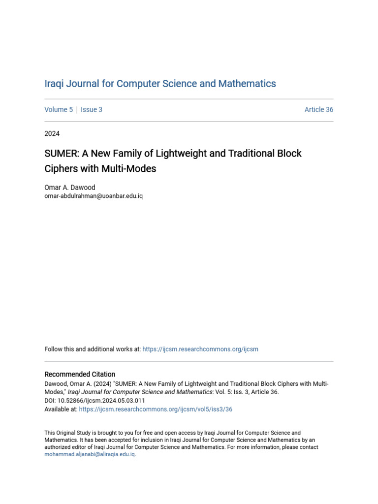 SUMER - A New Family of Lightweight and Traditional Block Ciphers | PDF | Encryption | Cryptography