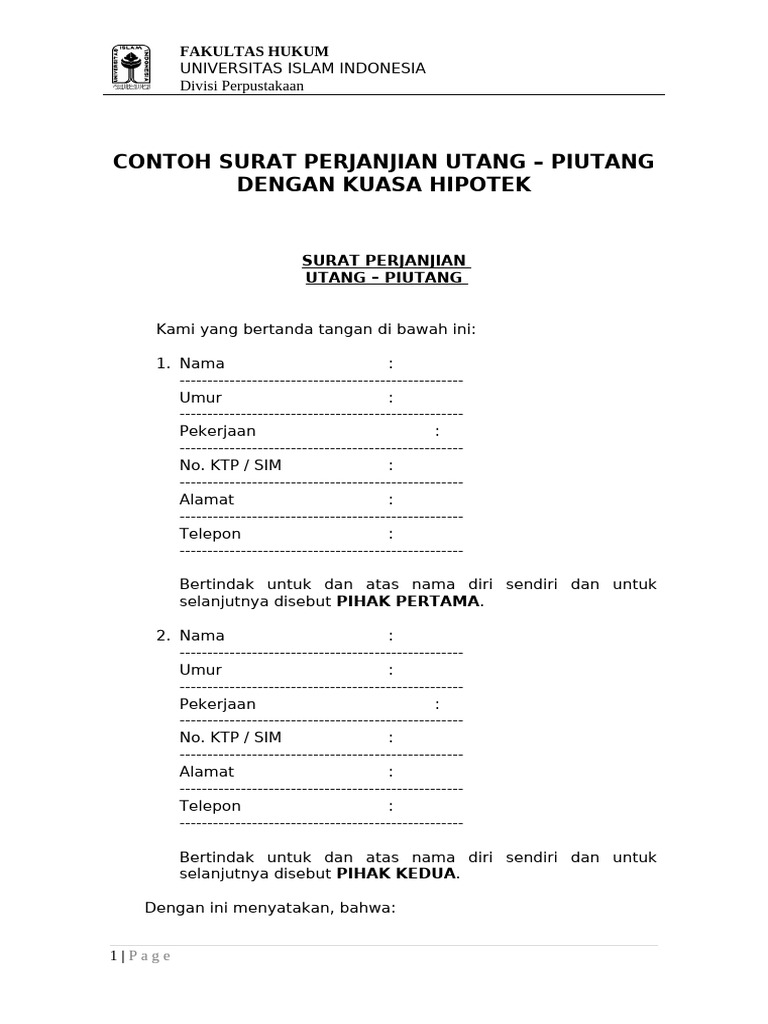 Contoh Surat Perjanjian Utang Piutang Dengan Kuasa Hipotek FH UII | PDF