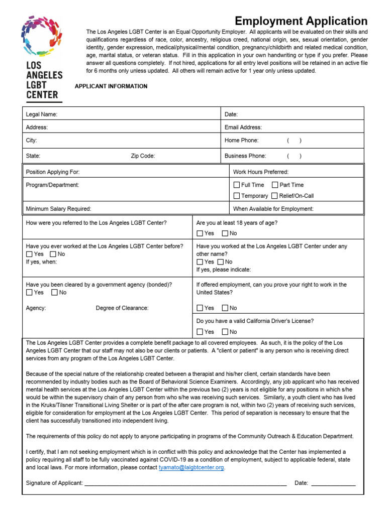 Los Angeles LGBT Center Employment Application 3 | PDF | Race And ...