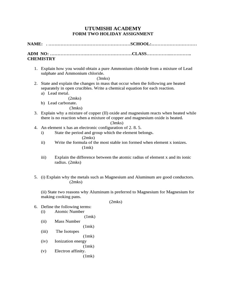 F2 Chem Holiday Assignment Term 1 | PDF | Chemical Elements | Ion