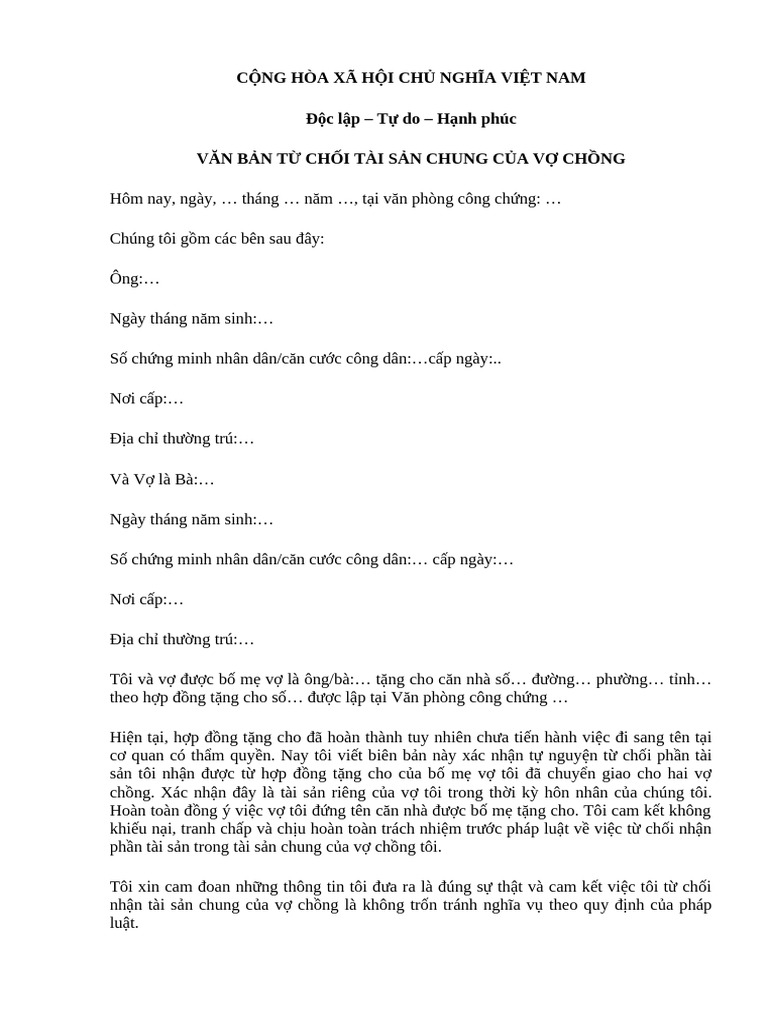 Mau Giay Tu Choi Tai San Chung Vo Chong | PDF