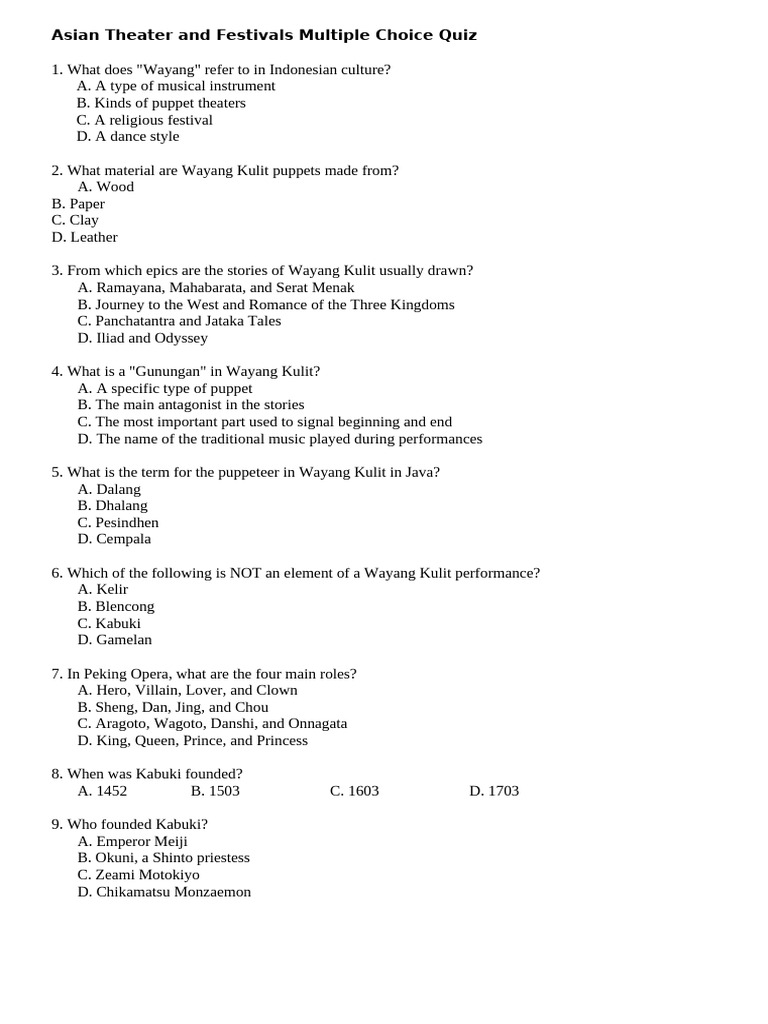 Asian Theater Quiz and Answer Key | PDF | Theatre | Performing Arts