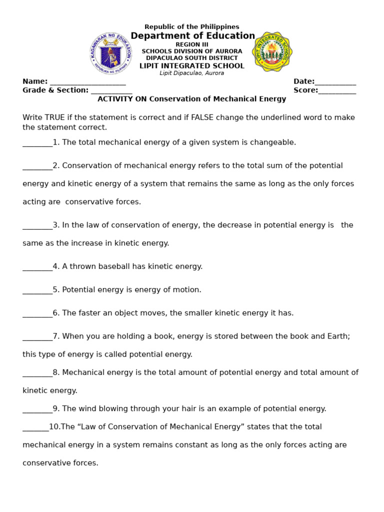 Conservation of Mechanical Energy Activity | PDF